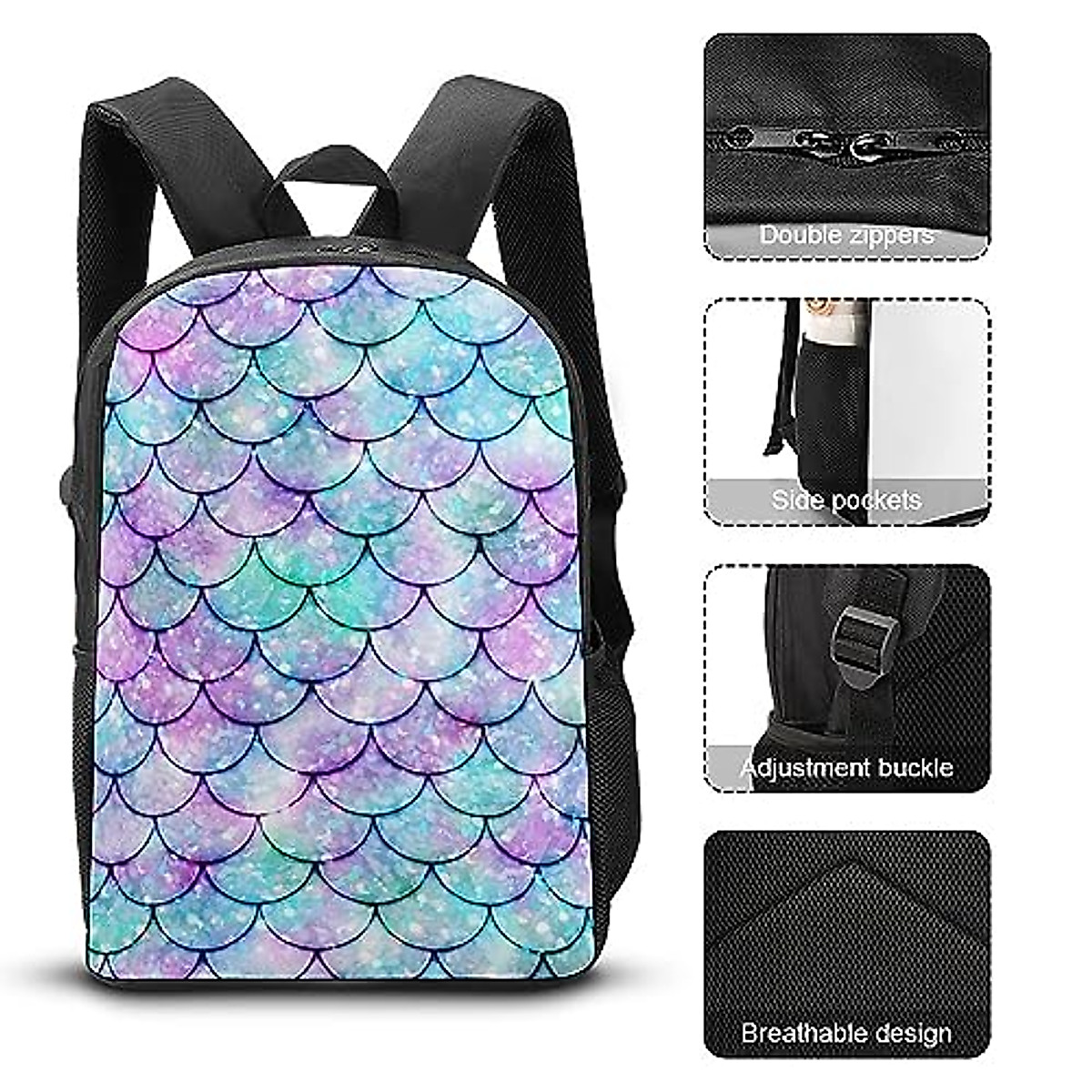 Mermaid Scales Travel Backpack Casual 17 Inch Large Daypack Shoulder Bag with Adjustable Shoulder Straps