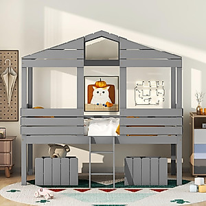 Twin House Bed with Storage Drawers Low Loft Beds Wood Playhouse Bed Frame for Kids Boys Girls Children, Gray