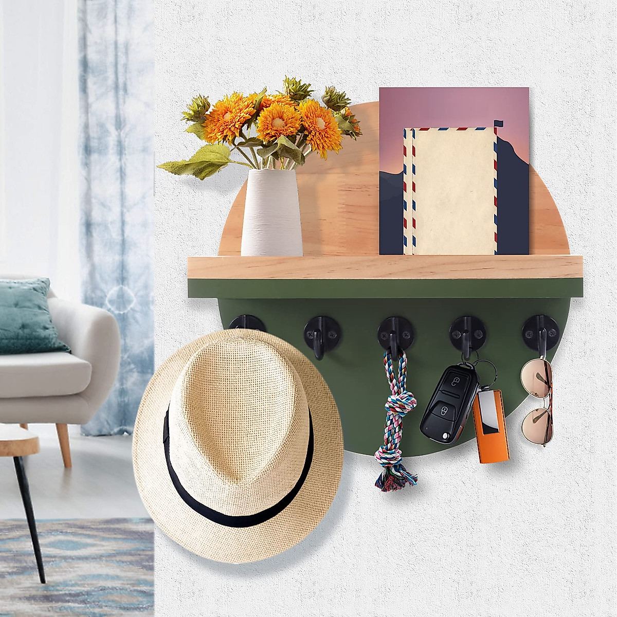 CRAKTH Key and Mail Holder for Wall Decorative, Wooden Boho Key Hanger with Shelf, Unique Two-Tone Circular Design Entryway Key Rack - Brown & Green