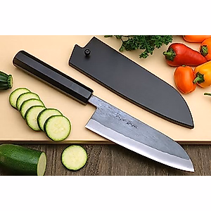 Yoshihiro Kurouchi Black-Forged Blue Steel Stainless Clad Santoku Multipurpose Knife Ebony Handle (6.5'' (165mm) & Saya)