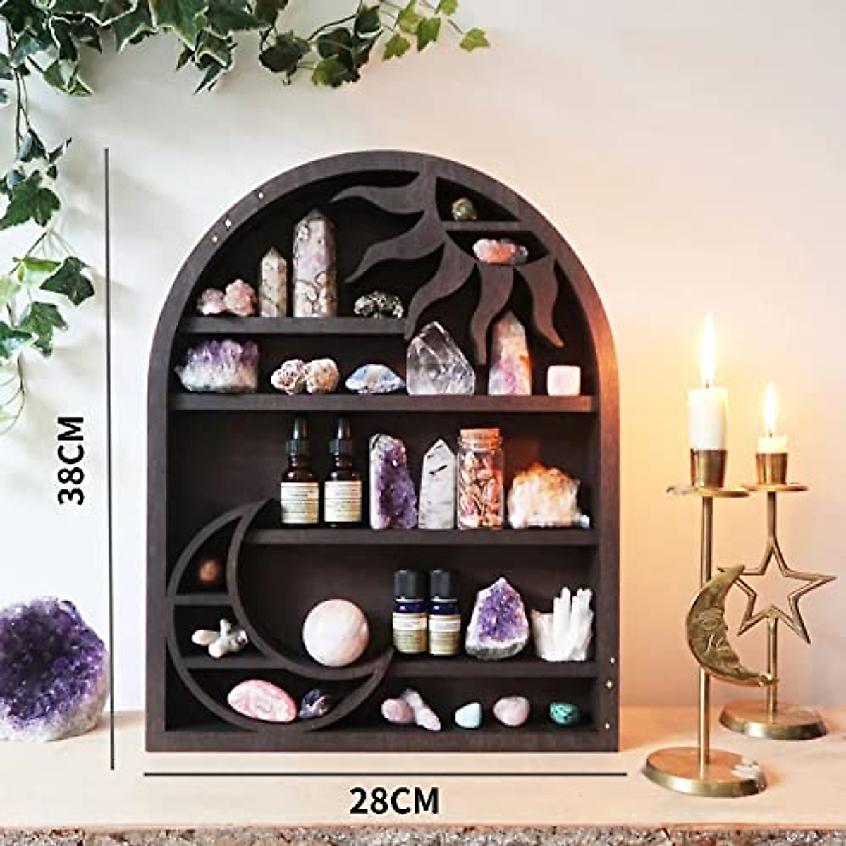 COUNTOOZQ Floating Shelves Essential Oil Display Rack Crystal Stone Wall Boho Hanging Gothic Decoration Wall Stand Mounted Organizer for Living Room Creative Cupboard Home Decor,38x28cm