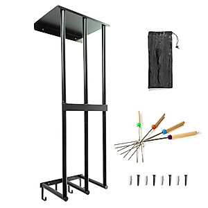 Bagulet Camping Chair Wall Storage for Garage, Metal Rack Organizer with Floating Shelf and 4 Utility Hooks, Stainless Steel Mount Holder System for Umbrella Yoga Mat Folding Beach Seats, Black