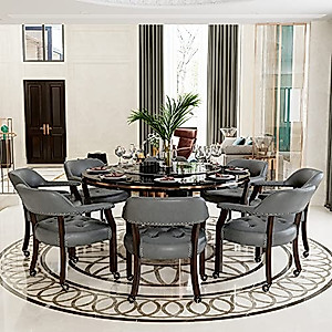 LEEMTORIG Dining Chairs with Casters and Arms, Faux Leather Accent Kitchen Table Chairs with Wheels, Roller Poker Table Chair, Wooden Captains Chair, Espresso Legs & Light Grey, XXY-1910-DG