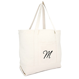 DALIX Monogram Bag Personalized Totes For Women Open Top Natural Letter M