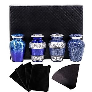 THE ASCENT MEMORIAL Blue Small Urns for Human Ashes Female Male | Set of 4 Premium Mini Keepsake Urns with Four Velvet Bags A Paper Funnel and A Stunning Magnet Closer Gift Box
