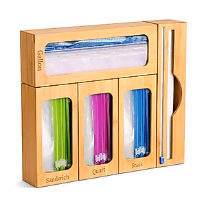 Delamu Ziplock Bag Organizer - 5 Separate Plastic Bag Organizers for Kitchen Drawer - Foil and Plastic Wrap Dispenser with Cutter 12" Roll, Baggie Organizer for Gallon, Quart, Snack, Sandwich Bags