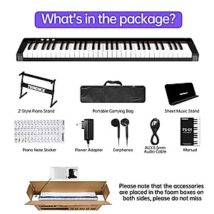 TERENCE Keyboard Piano with 61 Semi-weighted Keys & 1800mAh Battery Support MIDI USB Interface & Piano Application with Bluetooth Sheet Music Stand Sticker Bag Audio Cable Earphones