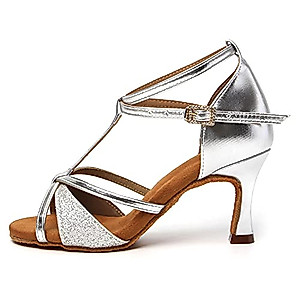 SWDZM Women Satin Latin Dance Shoes T-Strip Ballroom Salsa Chacha Performance Practice Dancing Shoes,809 Heel 3",Silver 7.5 US