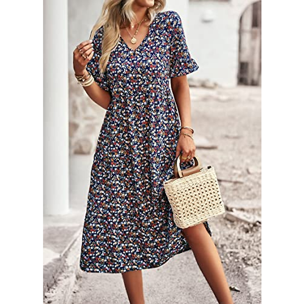 Vaiaye Women Short Sleeve Floral Boho Dress Summer Sundress Casual Wrap V Neck A-Line Bohemian Maxi Dresses Royal Blue