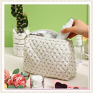 Paterr 3 Pieces Cotton Quilted Makeup Bag Set Coquette Cosmetic Bag Aesthetic Travel Toiletry pouch Cute Pouch Kawaii Aesthetic for Women(White,Little Flower)