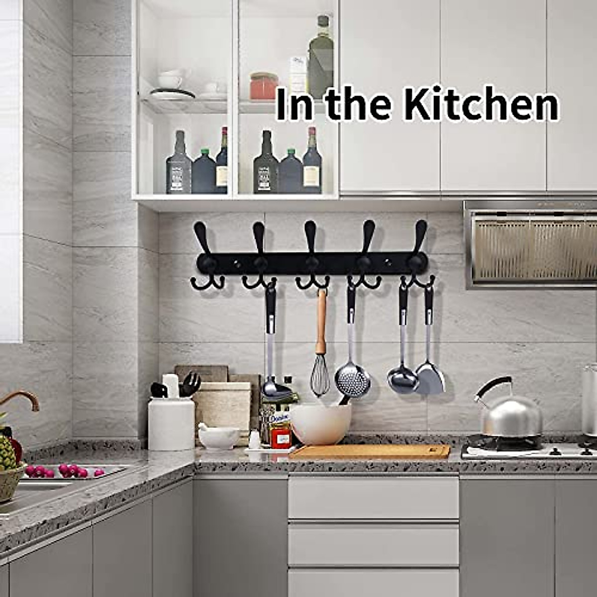 Qihtldsy Coat Rack Wall Mount, Stainless Steel Coat Hooks, 5 Tri Hooks, Heavy Duty Hook Rail for Coat Hat Towel Bag Purse Robes Bedroom Kitchen Bathroom Entryway (Black, 2 Packs)