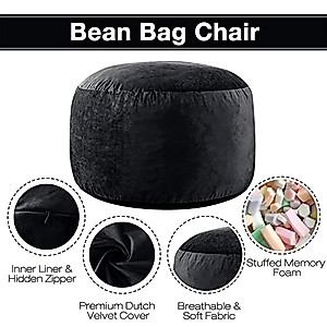 EDUJIN 3 ft Bean Bag Chair: 3' Memory Foam Bean Bag Chairs for Adults/Teens with Filling,Ultra Soft Dutch Velvet Cover, Round Fluffy Lazy Sofa for Living Room - 3Foot,Black