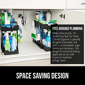 Gorilla Grip 2 Tier Under Sink Organizer, Pull Out Cabinet Organizers with Hooks, Slide Drawers Hold Up to 15lbs Each, Easy Assembly Storage for Kitchen Bathroom Coffee Bar, Shelf Organization, Black