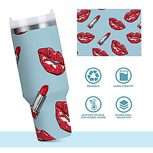 ALAZA Red Lips Lipstick 40 oz Tumbler Stainless Steel Water Bottle Vacuum Insulated Cup with Straw Lid & Handle For Travel Car Cup Holder
