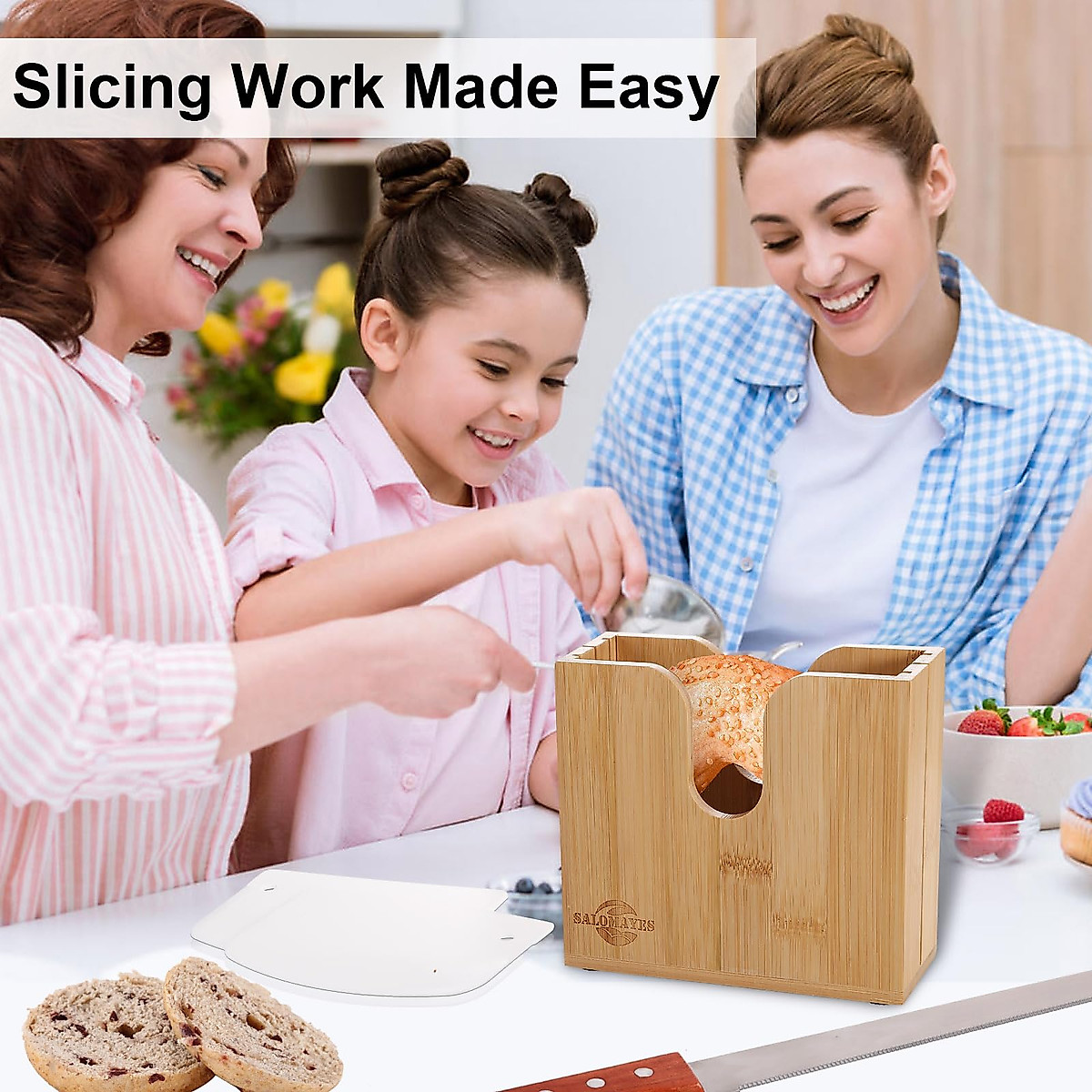 salomayes Bagel Cutter Slicer For Small And Large Bagels, Bagel Slicer Guillotine, Adjustable Bamboo Bagel Slicer With Non-Slip Pads