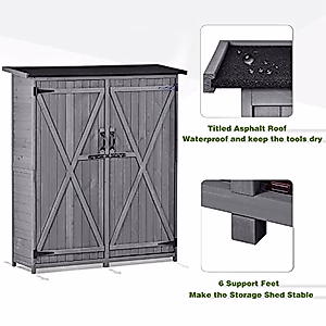 GLIFRON 5.3ft Hx4.6ft L Wood Storage Shed Tool Organizer with 3-Tier Removable Shelves, Storage Cabinet with Waterproof Roof and 2 Lockable Doors & Handles, for Outdoor, Backyard, Gardern, Gray