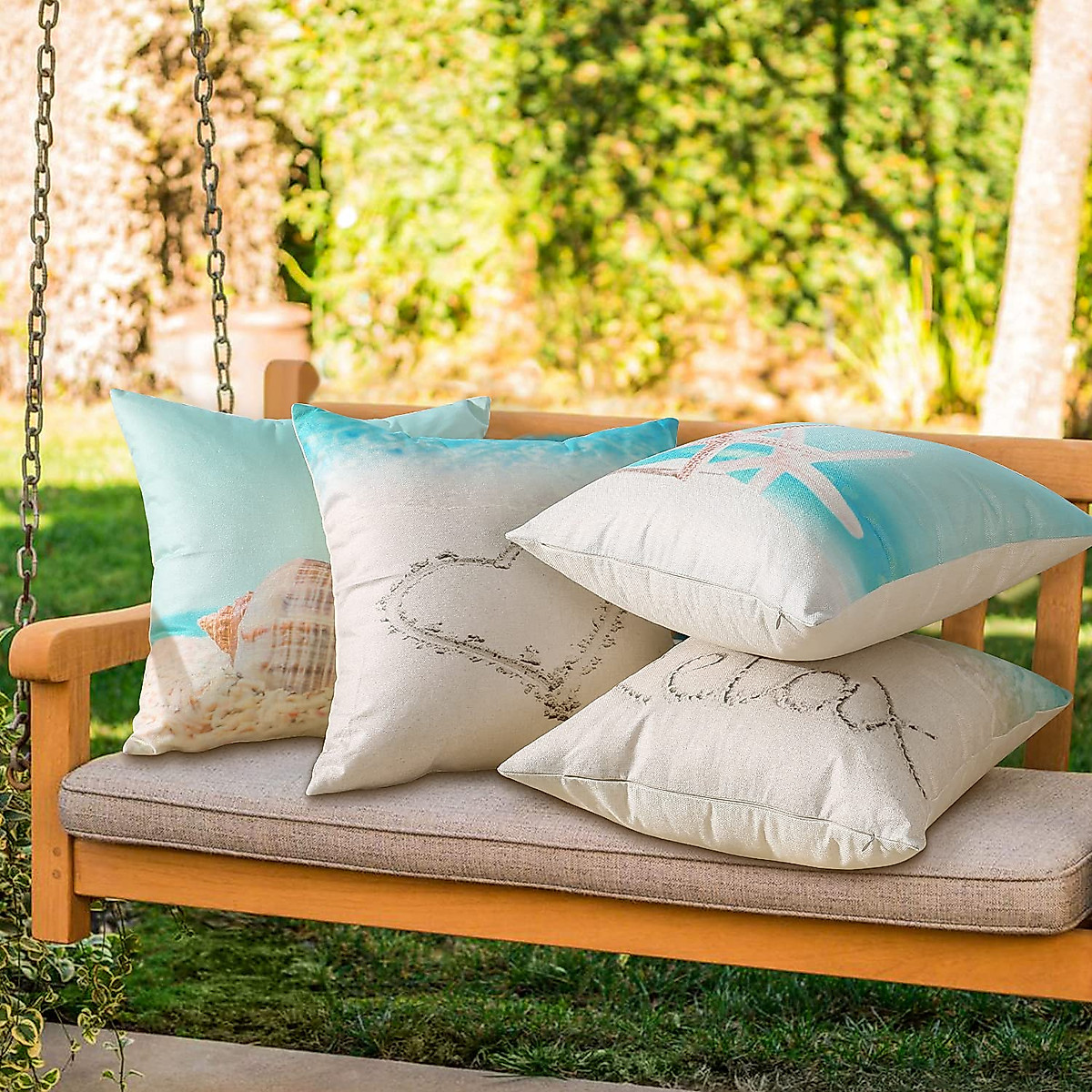 OTOSTAR Waterproof Summer Decorations Outdoor Throw Pillow Covers Linen Starfish Shell Pillow Covers Pack of 4 Square Cushion Case Garden Pillowcase 18x18 Inch for Patio Furniture Couch Tent (Beach)