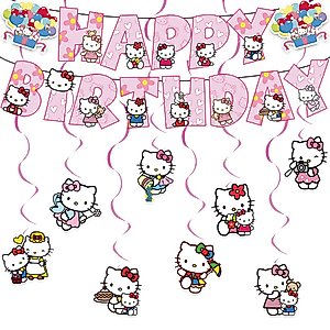 Kitty Birthday Party Supplies Banner and 8*Hanging Swirls for Kitty Birthday Decorations, Kids Boys and Girls for Birthday Party Decorations Happy Theme.