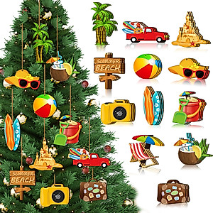 36 Pcs Summer Wood Hanging Ornaments Summer Ornaments for Tree Summer Tree Decorations Hawaiian Beach Wooden Pendant Decorations with String for Luau Party Supplies (Beach)