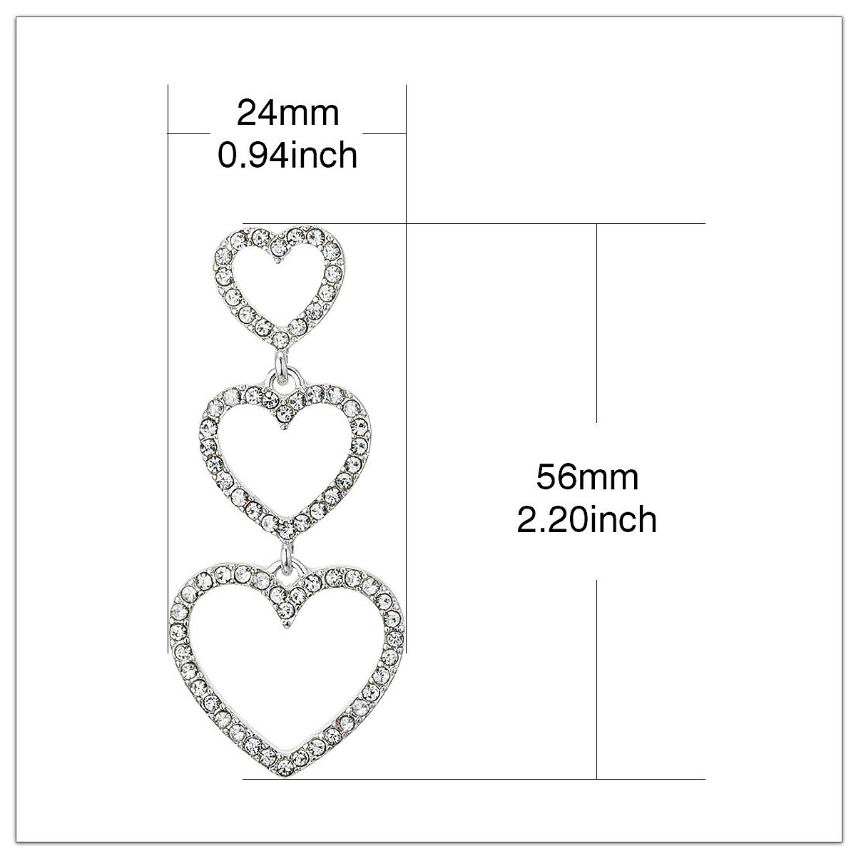 RareLove Bling CZ Crystal Interlocking Three Heart Hollow Dangle Stud Piercing Earrings For Women Silver Plated Alloy Valentines Gift For Her