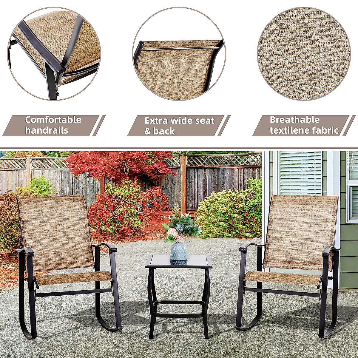 Vongrasig 3 Piece Outdoor Rocking Bistro Set, Textilene Fabric Small Patio Furniture Set, Front Porch Rocker Chairs Conversation Set with Glass Table for Lawn, Garden, Balcony, Poolside (Brown)