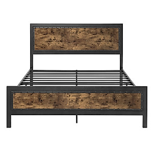 SHA CERLIN Grey Metal Bed Frame Full, Industrial Wooden Platform Base with Rivet Headboard and Footboard, No Box Spring Needed