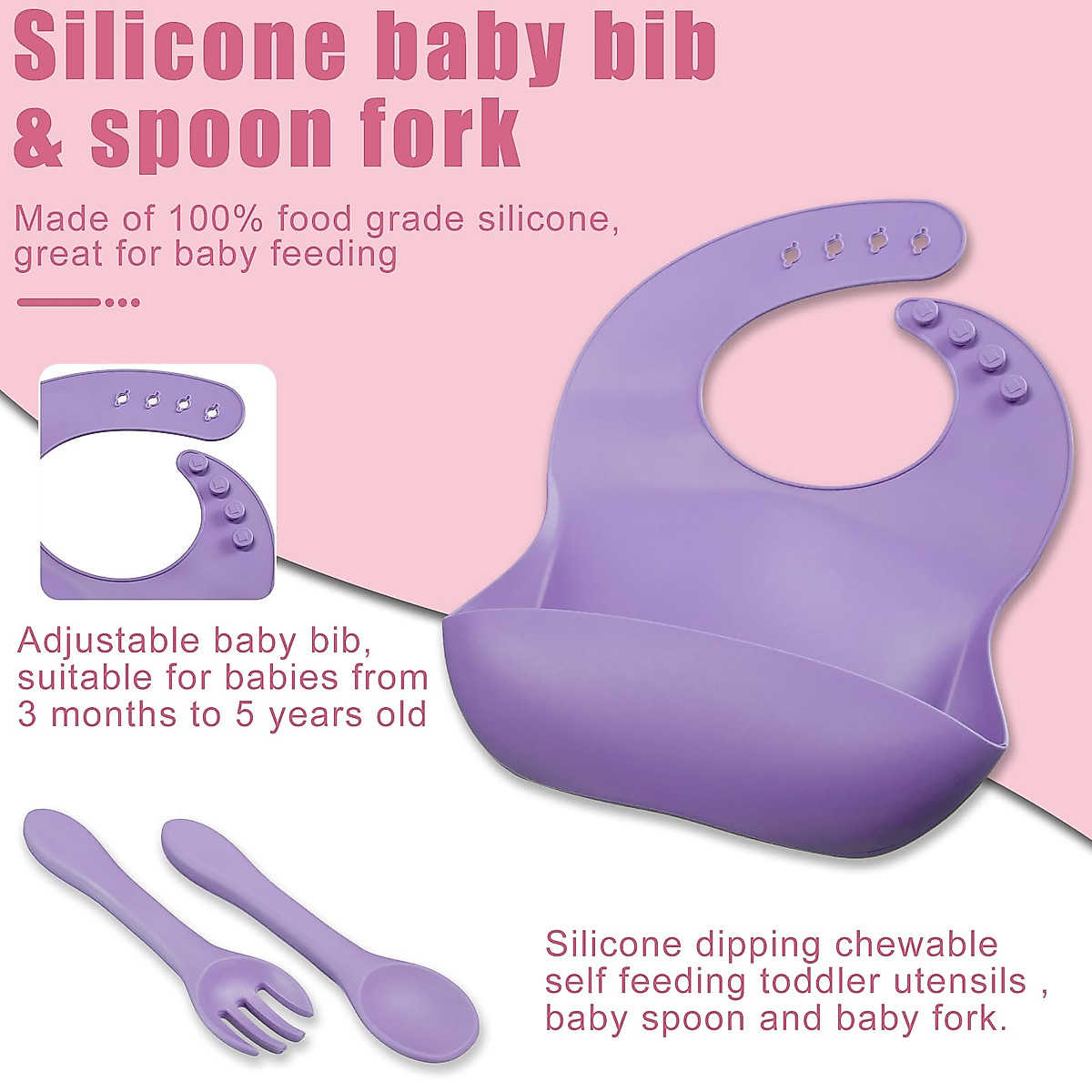 3 Sets Baby Led Weaning Supplies, Silicone Baby Feeding Set with Divided Plate Adjustable Bib Suction Bowl with Lid Snack Cup Soft Spoon Fork, Toddler Self Eating Utensil (Purple, Mint, Pink)