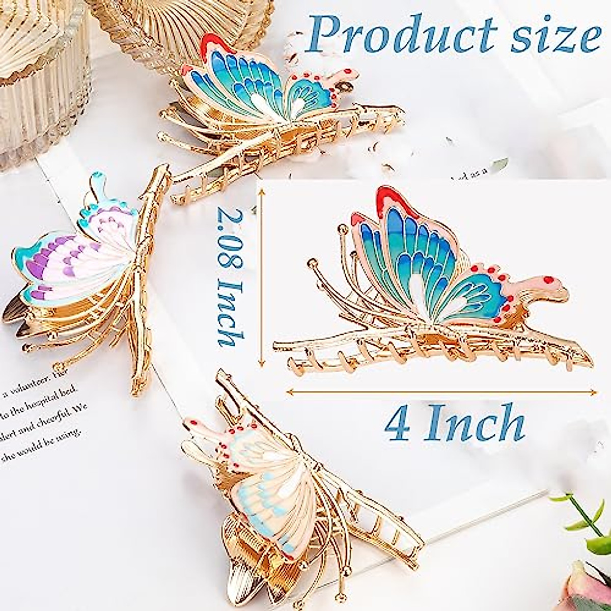 FDBJulyy 4 Inch Butterfly Metal Hair Clips for Women&Girls 3 Pcs Large Hair Claw Clips Nonslip 3 Styles Strong Hold Matte Claw Hair Accessories for Woman and Girls With Long Thick Hair & Thin Hair