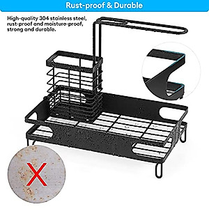 Newruiheng Kitchen Sink Organizer Caddy, Sponge Holder for Kitchen Sink with Drain Pan Tray, Stainless Steel Rust-Proof Brush Basket Shelf Kitchen Organization Rack for Soap, Brush, Dishcloth (Black)