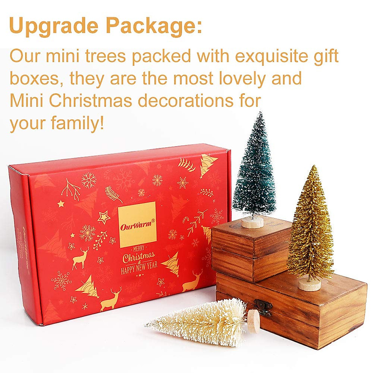 AerWo 24Pcs Mini Christmas Trees Bottle Brush Trees with Wood Base, Christmas Village Trees for Tabletop Christmas Decor Holiday Winter Decorations