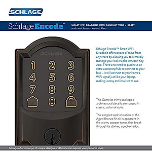 Schlage Encode Smart Wi-Fi Deadbolt with Camelot Trim in Aged Bronze & Schlage FE285 CAM 716 Acc RH Camelot Front Entry Handleset with Right-Handed Accent Lever, Lower Half Grip, Aged Bronze