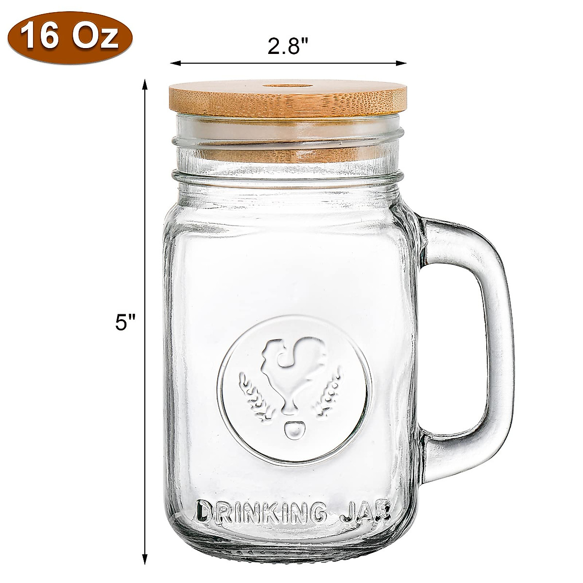 Hacaroa 4 Pack Glass Mason Jar Cups with Bamboo Lid and Straw, 16 Oz Regular Mouth Mason Mugs Drinking Glasses with Handle, Reusable Smoothie Cups for Cold Juice, Beverage, Coffee, Clear