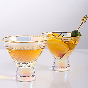 Lysenn Iridescent Stemless Martini Glasses Set of 2 - Premium Hammered Cocktail Glasses for Weddings, Anniversary, Christmas, Party - 7.7oz Gold Rim