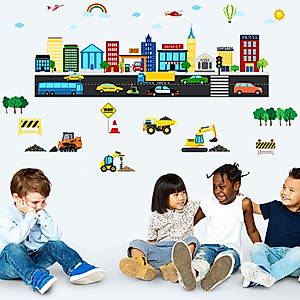 Transportation Wall Decals Construction Wall Stickers Vehicle Tractor Cars Trucks Excavator Stickers Peel and Stick Transportation and City Scene Decals for Kids Nursery Bedroom Living Room Playroom
