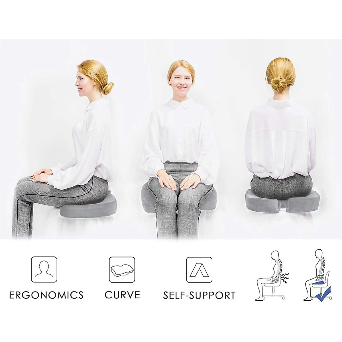 CYLEN Home Office Seat Cushion - Comfort Memory Foam Chair Cushion with Cooling Gel Infused for Tailbone, Coccyx, Back & Sciatica Pain Relief (Grey)