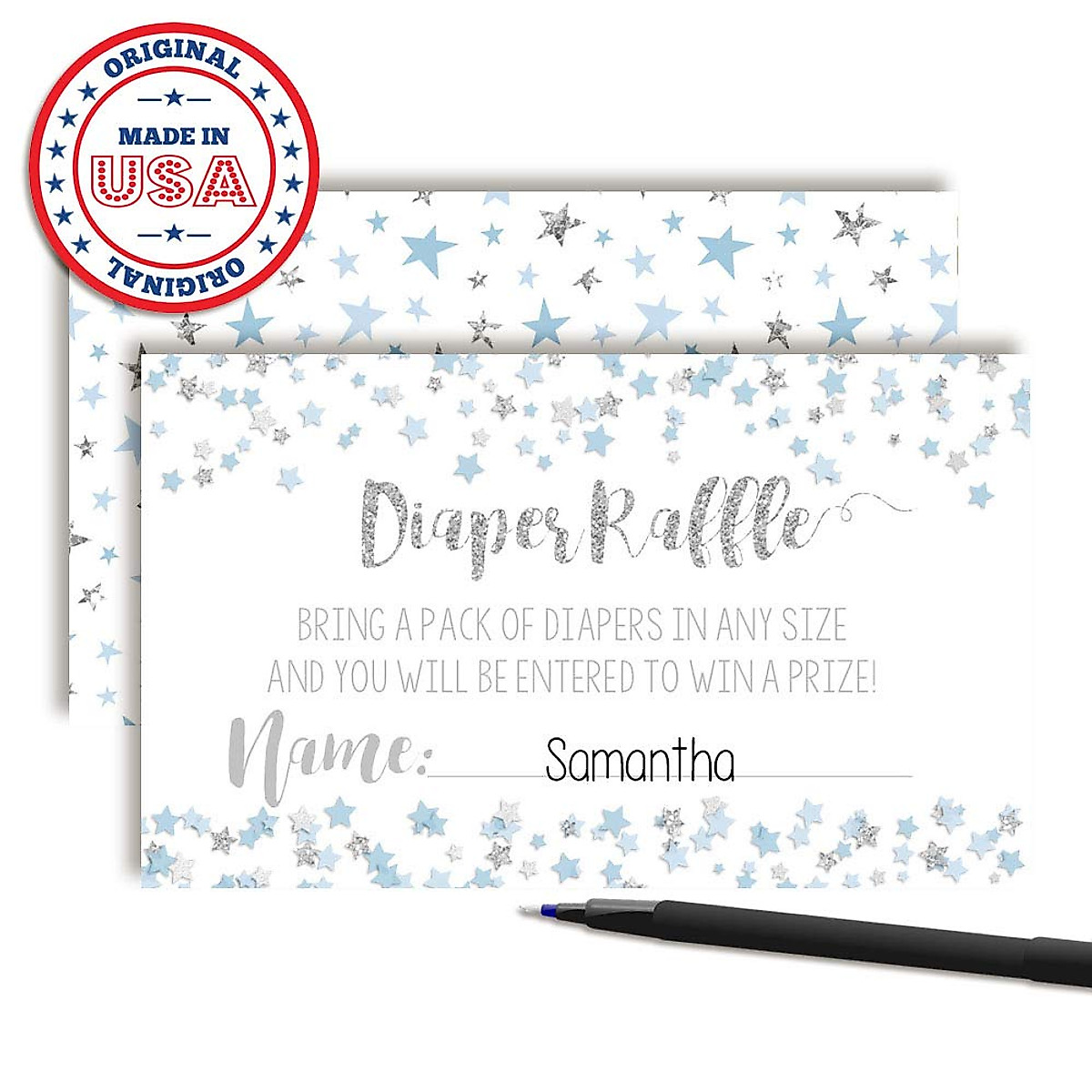 Amanda Creation Blue & Silver Twinkle Little Star Diaper Raffle Tickets for Boy Baby Showers, 20 2" X 3” Double Sided Inserts, Bring a Pack of Diapers to Win Favors & Prizes!