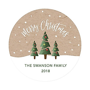 Andaz Press Personalized Christmas Round Circle Gift Sticker Labels, Christmas Trees on Kraft Brown, Merry Christmas 40-Pack, Custom Name Year, Stationery Packaging Envelope Letter Label
