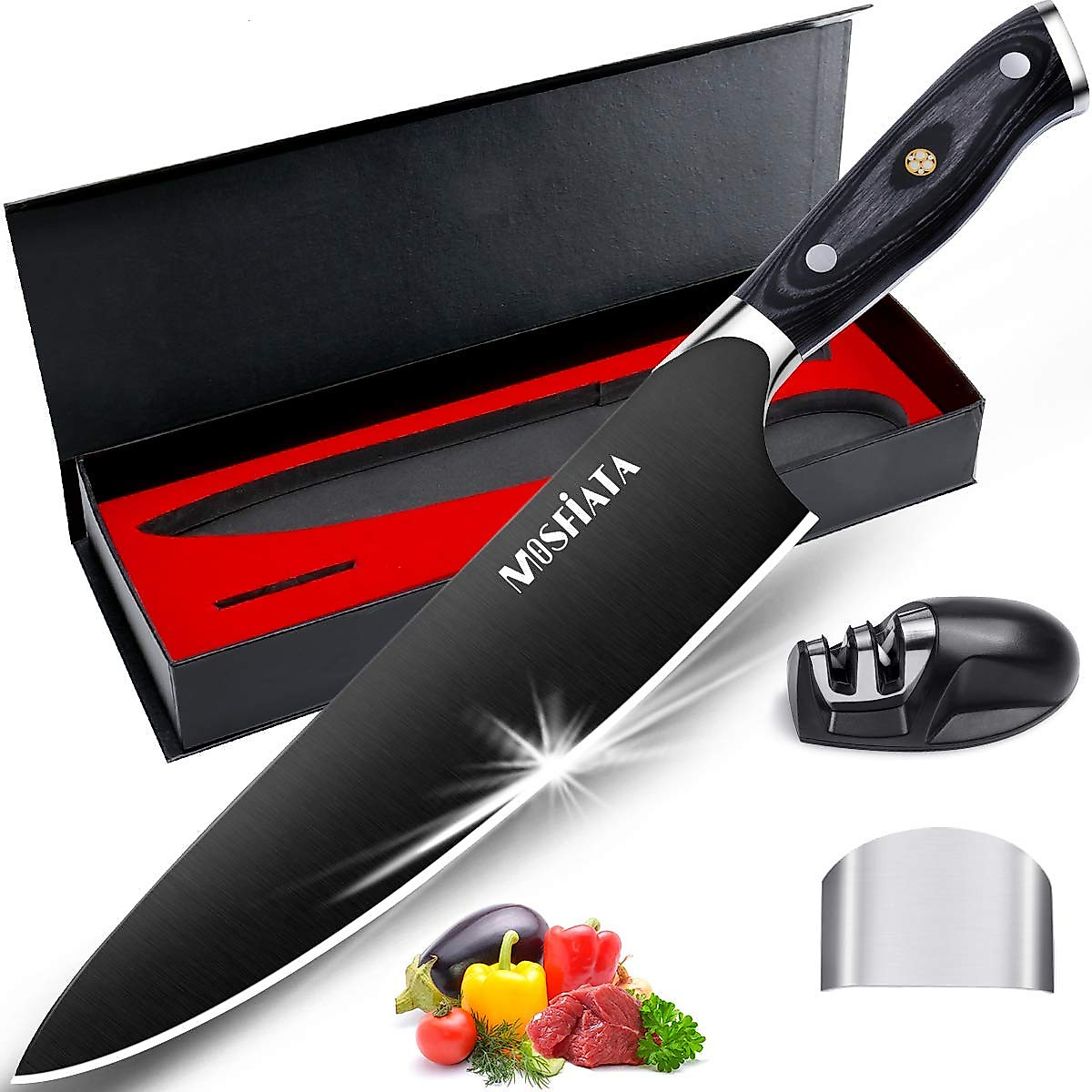 MOSFiATA 8 inch Chef's Knife & 8 inch Tatanium Plated Chef's Knife & 7 inch Santoku Knife