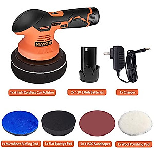 NEWSTYP 6 Inch Cordless Car Buffer Polisher with 2Pcs 12V 2.0Ah Rechargeable Battery, 6 Variable Speed, 5000RPM, Wireless Buffer Polisher Kit for Waxing/Car Detailing/Car Scratch Repairing/Sander