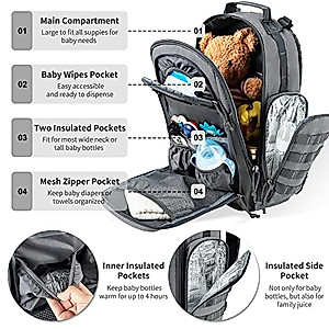 SHARKMOUTH Diaper Bag Backpack for Dad and Mom, Military Molle diaper Pack with Insulated Bottle Holders and Wipe Pocket