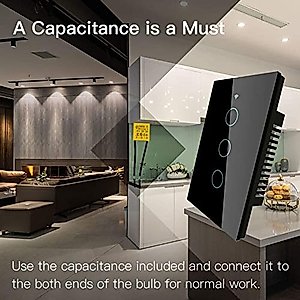 MoesGo 2nd Generation WiFi RF433 Smart Touch Wall Single Wire Smart Switch?No Neutral Wire Needed Compatible with Smart Life/Tuya App, Works with Alexa and Google Home Single Pole 110V Black 3 Gang