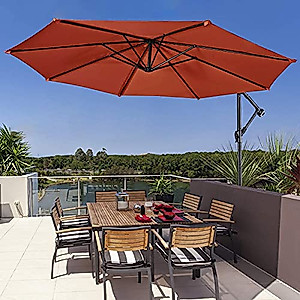 Jardin-Monde 10ft Offset Hanging Patio Umbrella, Outdoor Deck Cantilever Umbrella for Backyard, Garden, Poolside, Lawn, Crank Lift & Cross Base, 8 Ribs, Easy Tilt Adjustment-RED