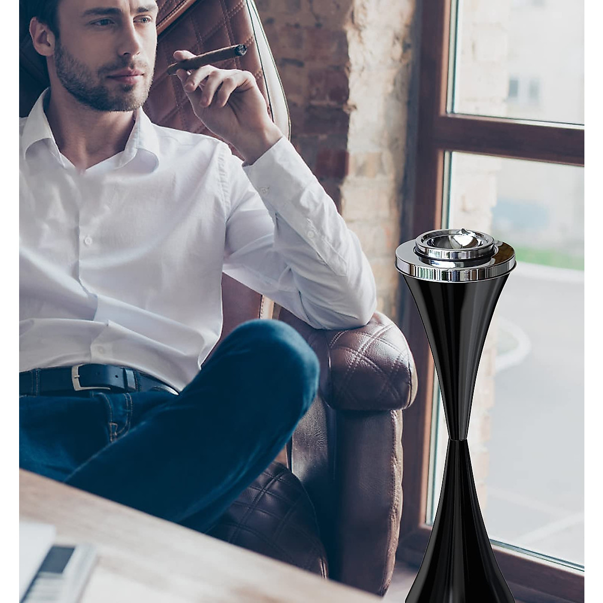 Floor Standing Ashtray with Lid 24 Inches High Standing Ashtray Outdoor Windproof Cigar Butt Ashtray Detachable Ashtray Stand Easy to Clean Tall Ashtray Stable Ashtray for Outdoor or Indoor Use Black