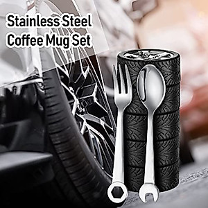 Yungyan 3 Pieces Tyre Water Bottle Gift for Man Stainless Steel Coffee Tea Mug Mechanic Gifts with Tool Fork and Spoon for Christmas Car Lover Father Birthday Gift