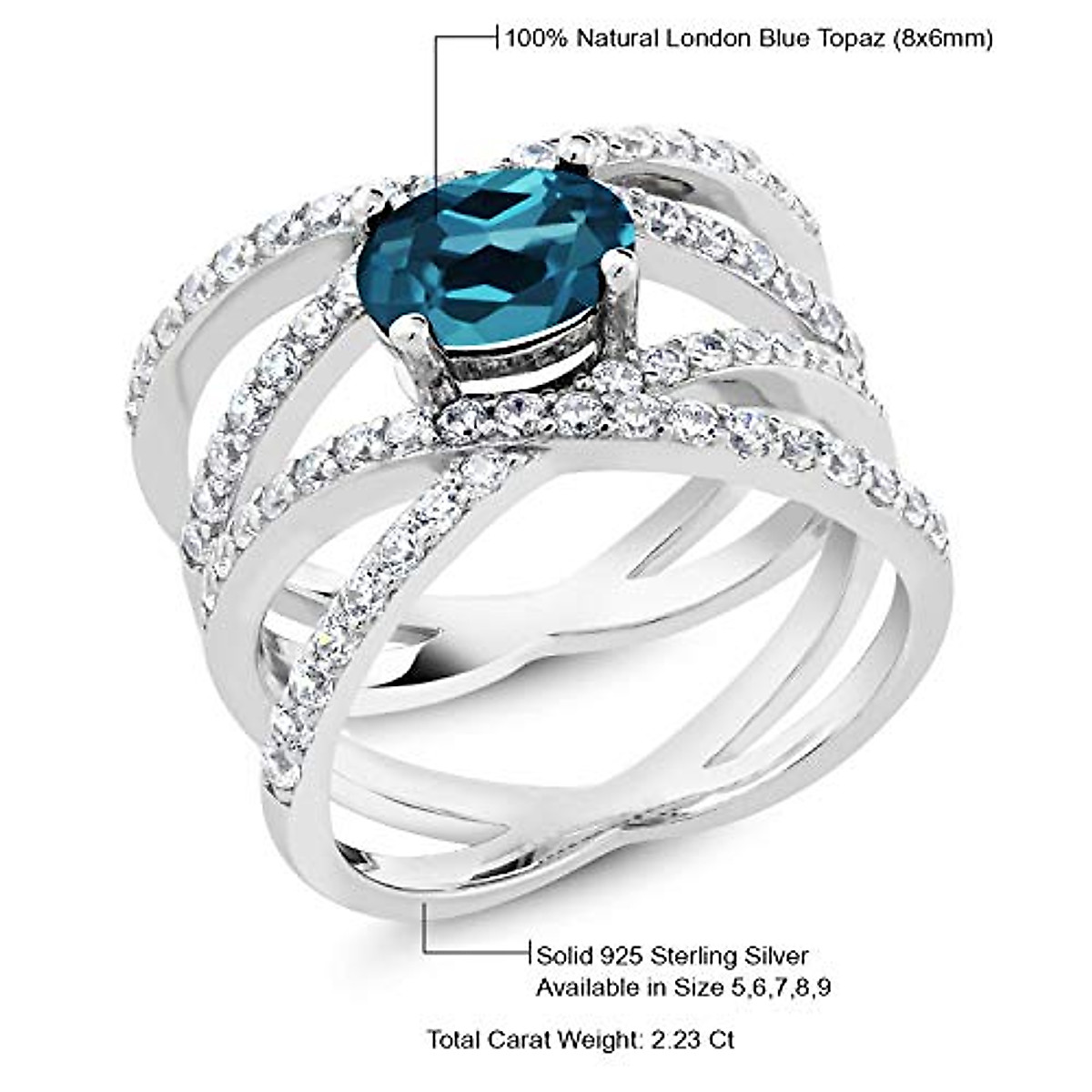 Gem Stone King 925 Sterling Silver Oval Gemstone Birthstone Criss Cross Engagement Ring | Oval 8X6MM Ring For Women | Available In Size 5, 6, 7, 8, 9