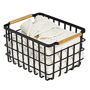 mDesign Metal Wire Closet Storage Basket Bin Organizer with Wood Handles for Bedroom, Bathroom, Mudroom, Entryway, Hallway, or Linen Closet Organization - Yami Collection - 4 Pack, Matte Black/Natural
