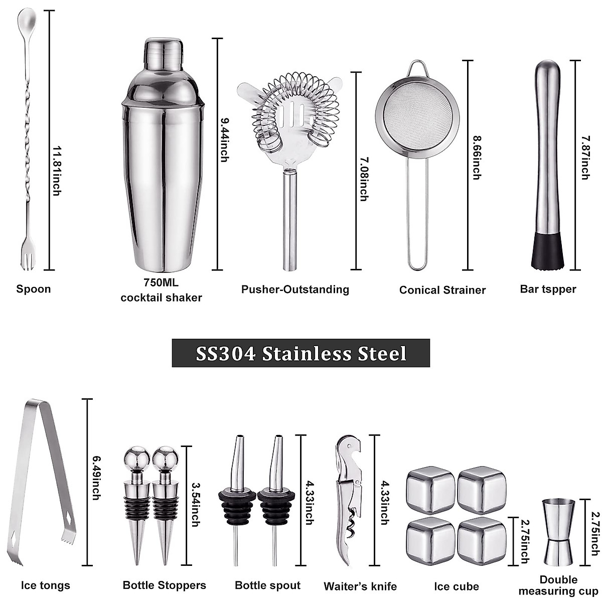 Oyydecor 18 Piece Cocktail Shaker Set with Rustic Pine Stand, Gifts for Men Dad Grandpa,Stainless Steel Bartender Kit Bar Tools Set, Home, Bars, Parties and Traveling (Silver)