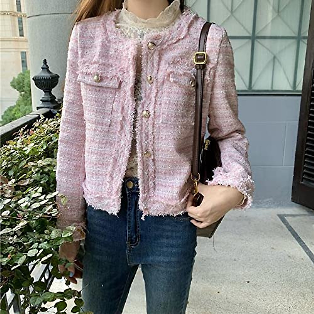 SaytoRose Women's Plaid White Tweed Blazer Open Front Collarless Blazer Elegant Work Cropped Jacket Coat(Pink,M)