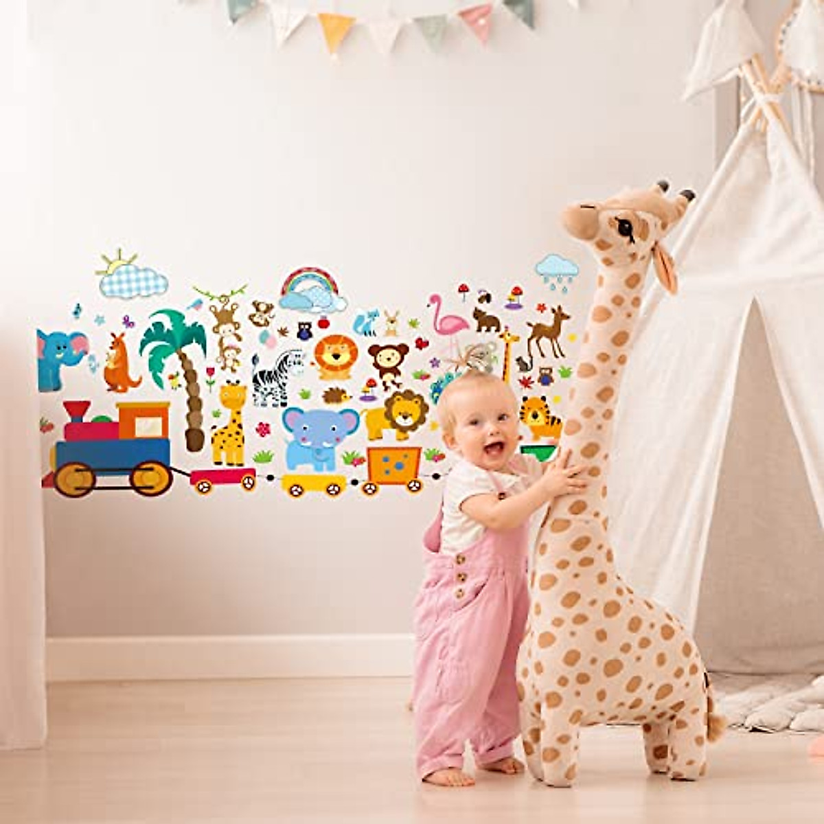 Wall Decals for Kids - Safari Adventure Decorative Peel & Stick Animal Wall Art Sticker for Baby's & Kids Room, Nursery, Classroom, Playroom, and Party Decorations - 55 PCS