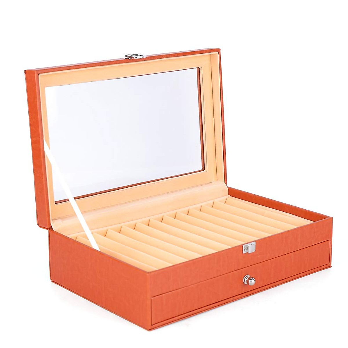 Pen Display Box 24 Piece Black Leather Flannel Pen Organizer Box,Glass Pen Display Case Storage Box with Lid,Top Glass Window Two Level Display Case with Drawer Pen Collection Display Case (Orange)
